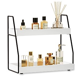 BONSSO Bathroom Organizer Countertop, Counter Organizer and Storage Shelf, Vanity Tray for Bathroom Decor Skincare Organizers, Wood Bathroom Sink Organizer, Counter Shelf(White-Black)