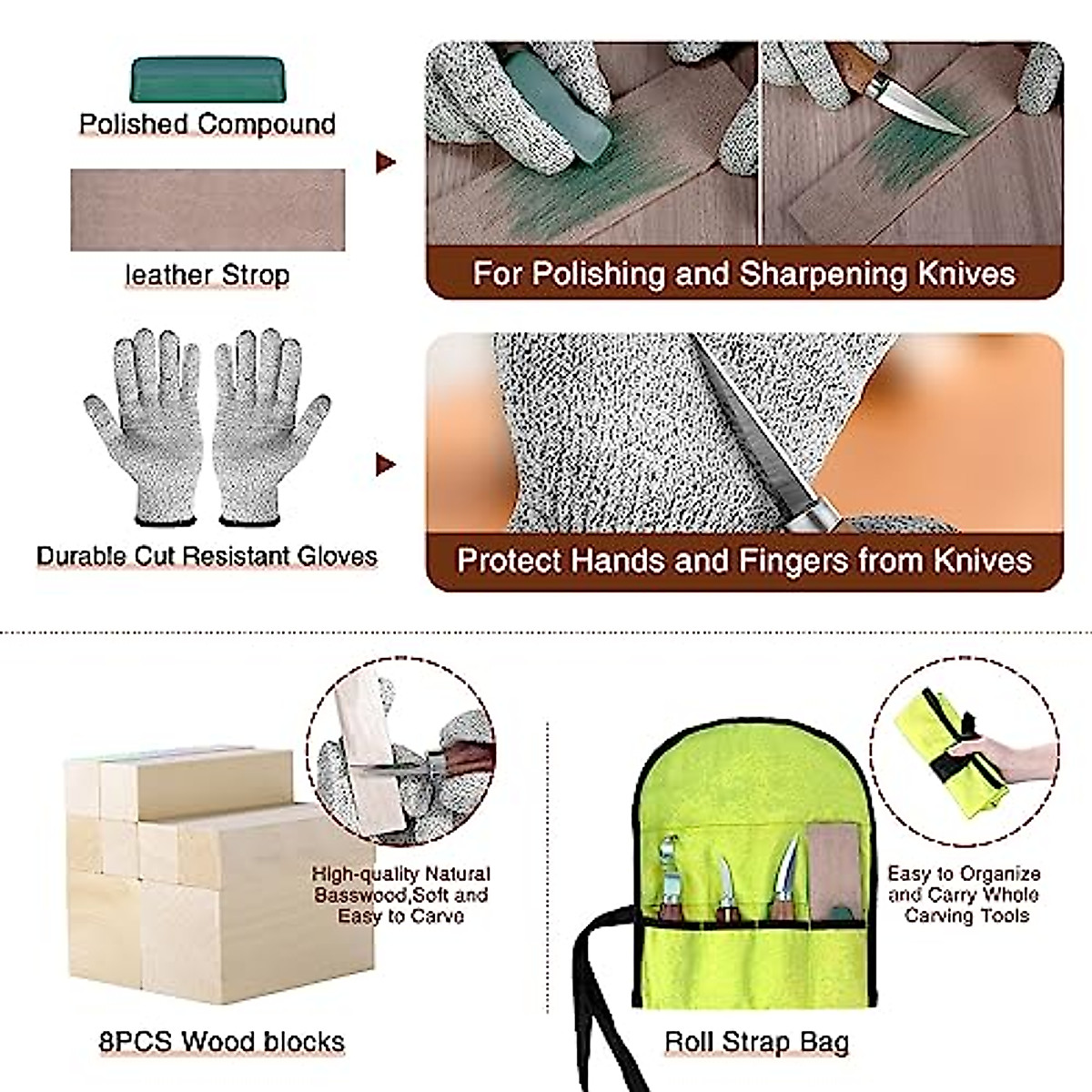 Wood Whittling Kit for Beginners Kids and Adults,Wood Carving kit Set With 8PCS Basswood Carving Blocks,Wood Carving Tools Gift include 6PCS Whittling Knife,Gloves,Roll Bag,Sharpener for Widdling Kit