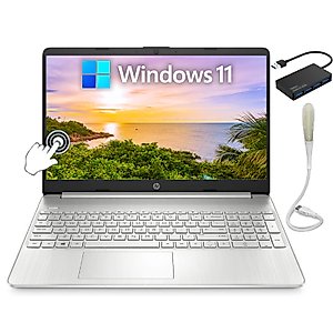 HP 15.6 HD Touchscreen Laptop, AMD 8-Core Ryzen 7 5700U, 12GB DDR4 RAM, 256GB SSD, AMD Radeon Graphics, Wi‑Fi 6, Bluetooth 5.2, Windows 11 Home, Silver, Bundle with TSBEAU USB Hub + USB Light