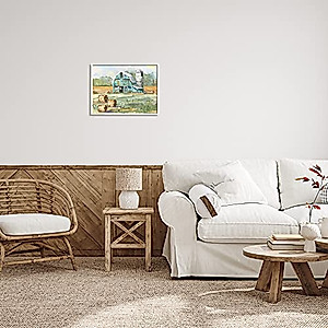 Stupell Industries Contemporary Blue Farm Barn Hay Bails Empty Field, Designed by Sally Swatland White Framed Wall Art, 20 x 16, Green
