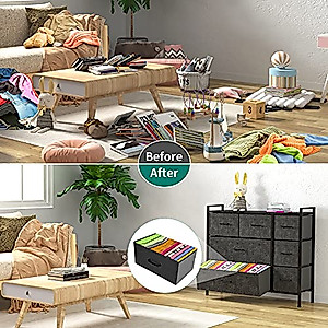 YITAHOME 7 Drawers Fabric Dresser, Furniture Storage Drawer Unit, Sturdy Steel Frame, Wooden Top & Easy Pull Fabric Bins, Organizer Tower Chest for Closet, Bedroom, Entryway, Nursery(Black Grey)