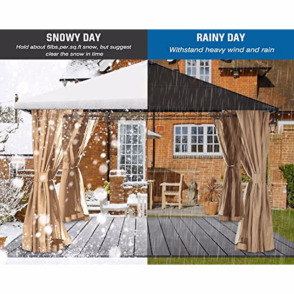 COOSHADE 10×12 Polycarbonate Roof Patio Gazebos Waterproof Outdoor Gazebo with Curtains and Mosquito Netting (Khaki)