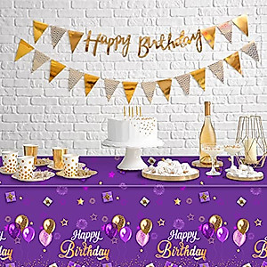 ssailue decor 3Pcs Happy Birthday Tablecloth Purple and Gold Birthday Decorations for Girls Women Disposable Plastic Rectangular Table Covers 43”x 70” for Birthday Party Supplies