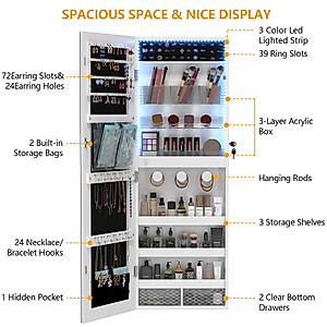 LVSOMT Hanging/Over the Door Mirror Jewelry Cabinet with LED Lights, Lockable Jewelry Armoire Organizer, Mirror with Jewelry Storage, White