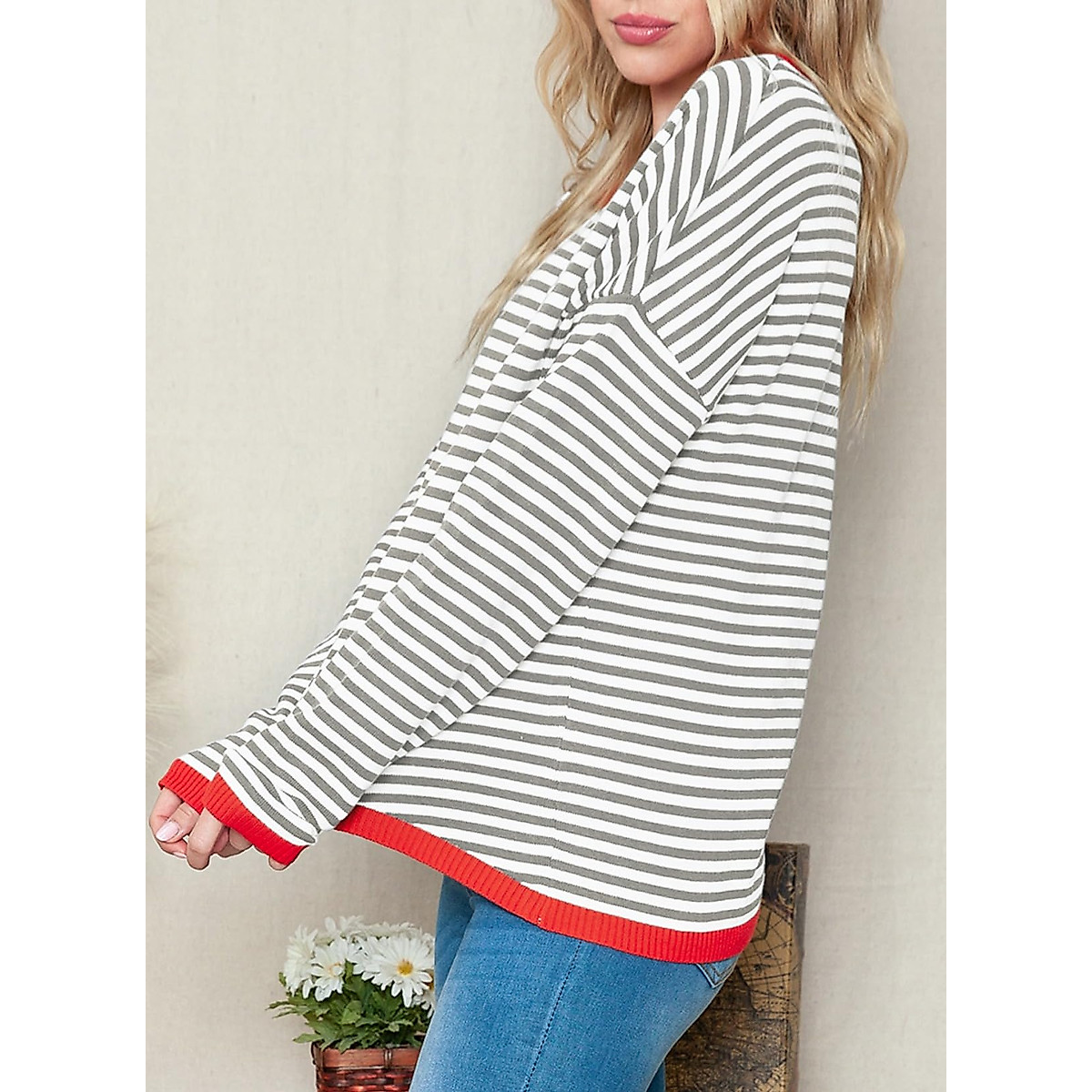 Dokotoo Summer Tops for Women 2025 Fashion Spring Crewneck Long Sleeve Clothes Tops Casual Striped Color Block Womens Pullover Sweater Clothing Gray Large