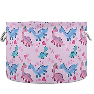 visesunny Cute Pink and Blue Dinosaur with Heart Laundry Baskets Fabric Storage Bin Storage Box Collapsible Storage Basket Toy Clothes Shelves Basket for Bathroom,Bedroom,Nursery,Closet,Office
