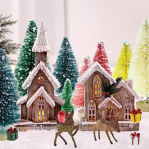 Yookat 51Pcs Pine Trees Artificial Trees with Wood Base Sisal Bottle Brush Trees Assorted Color and Deer Boxes Winter Snow Ornaments for Christmas Decoration