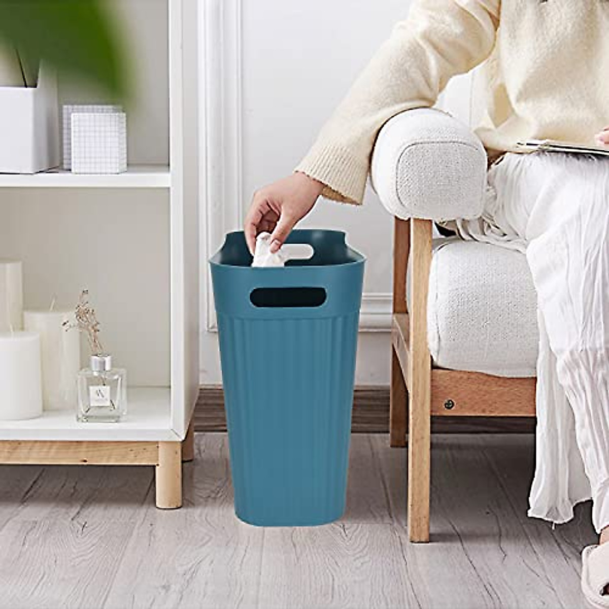 ZOFORTY 3 Pack Slim Plastic Trash Can Wastebasket 3 Gallon Garbage Container Bin with Handles for Bathroom, Kitchen, Office, Dorm (Blue, Rectangular)