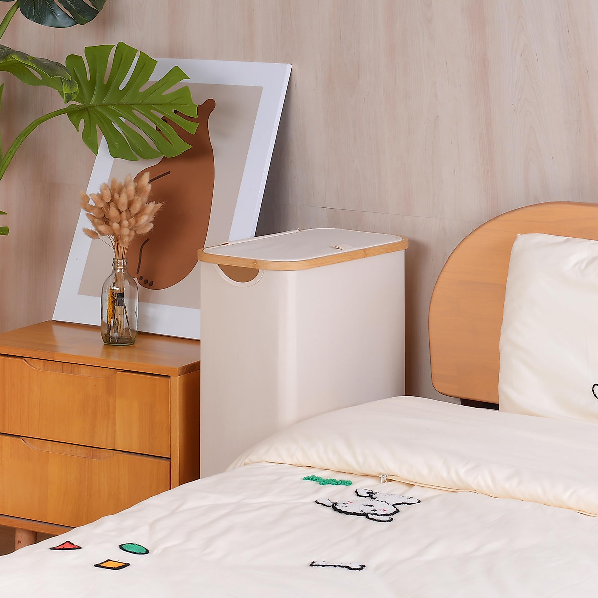 Merkisa 60L Slim Laundry Basket with Wheels,Narrow Hampers for Laundry,Freestanding Laundry Hamper with Lid&Bamboo Handles,Collapsible & Waterproof Tall Cloth Hamper for Dorm Family(Beige)