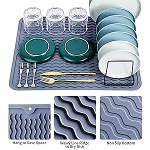 Silicone Dish Drying Mat - 2 Packs of Non-Slip Silicone Mat Easy Clean Drying Mat Large Heat-Resistant Dish Drainer Mat for Kitchen Counter, Sink, Refrigerator or Drawer Liner(16"x12", 12''x 6'' GREY)