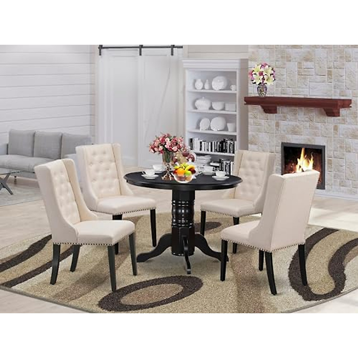 East West Furniture SHFO5-BLK-01 5 Piece Kitchen Table Set for 4 Includes a Round Dining Room Table with Pedestal and 4 Cream Linen Fabric Upholstered Chairs, 42x42 Inch, Black