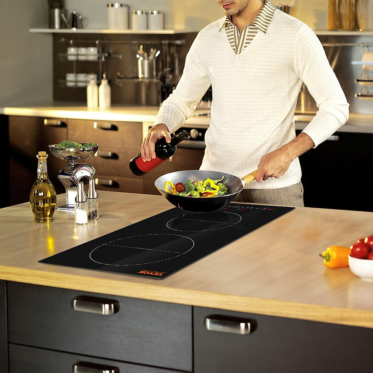 VEVOR Electric Cooktop, 2 Burners, 12'' Induction Stove Top, Built-in Magnetic Cooktop 3000W, 9 Heating Level Multifunctional Burner, LED Touch Screen w/Child Lock & Over-Temperature Protection