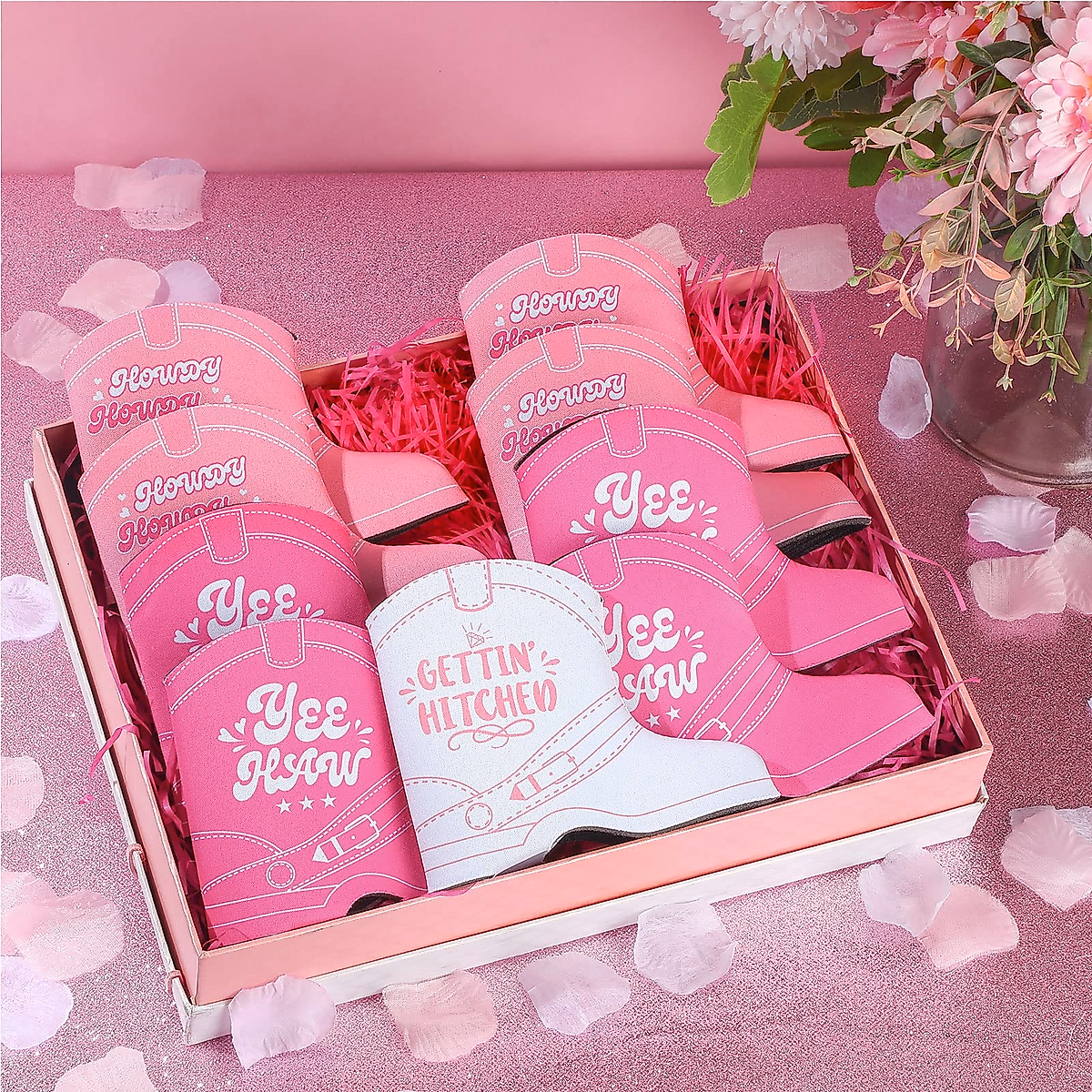 12 Pcs Cowgirl Cowboy Boot Skinny Can Sleeves Cowboy Slim Beverage Sleeves Bachelorette Party Decorations Cowgirl Party Favors Bridal Party Can Coolers Insulated Neoprene Drink Holder (Elegant Style)