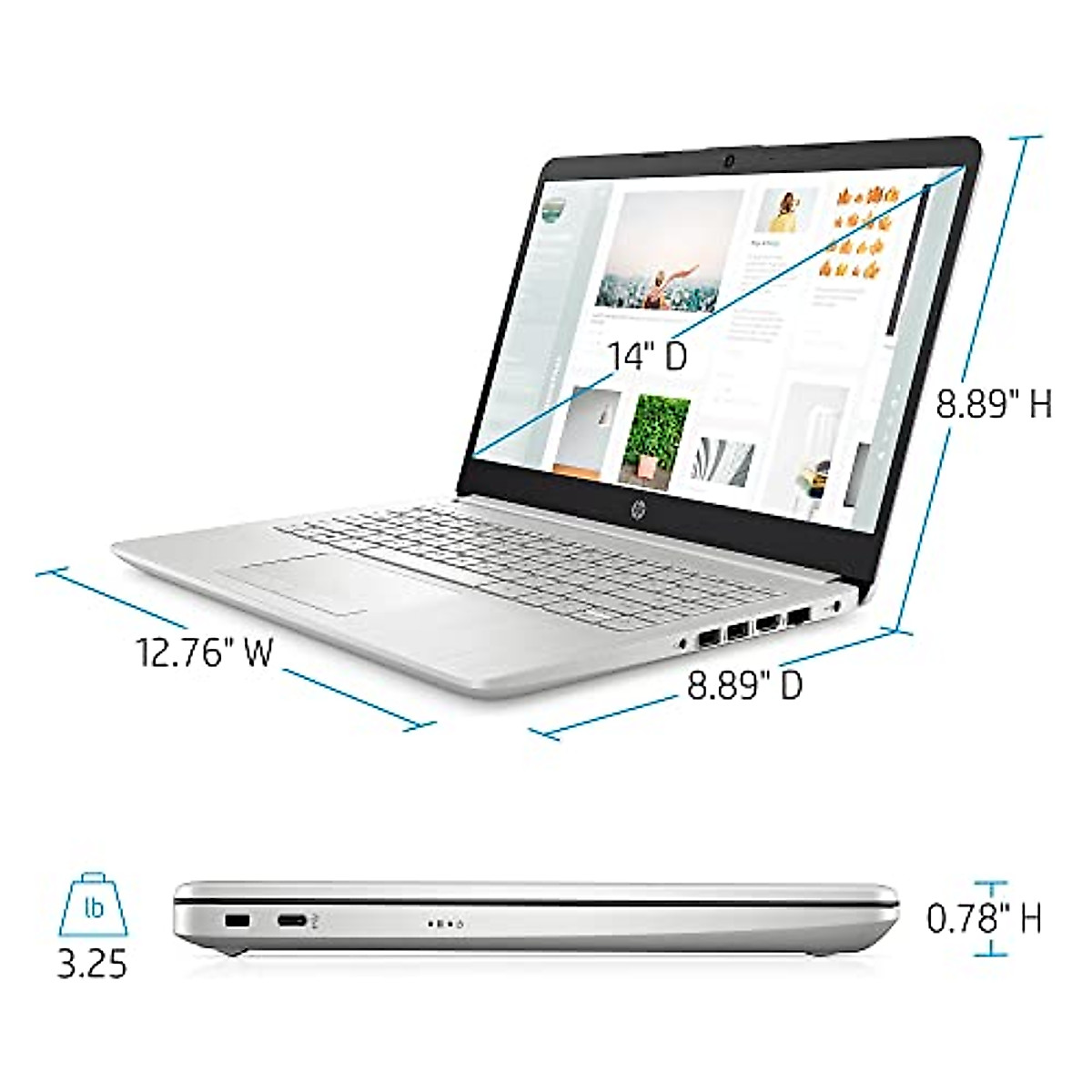 HP 2022 Newest Laptop Computer, 14" HD Display, Quad-Core Intel Pentium N5030 (Upto 3.1GHz), 8GB RAM, 256GB SSD, HD Webcam, HDMI, Bluetooth, WiFi, RJ-45, 1-Year Office 365, Win10+MarxsolCables