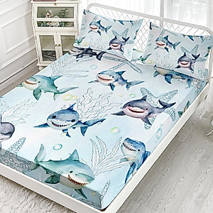 AILONEN Shark Fitted Sheet Set Twin Size, Ocean Shark Bed Sheet Set for Boys Kids,Blue Starfish Shark Fitted Sheet with 2 Pillowcases,3 Pieces Bed Sheet Set
