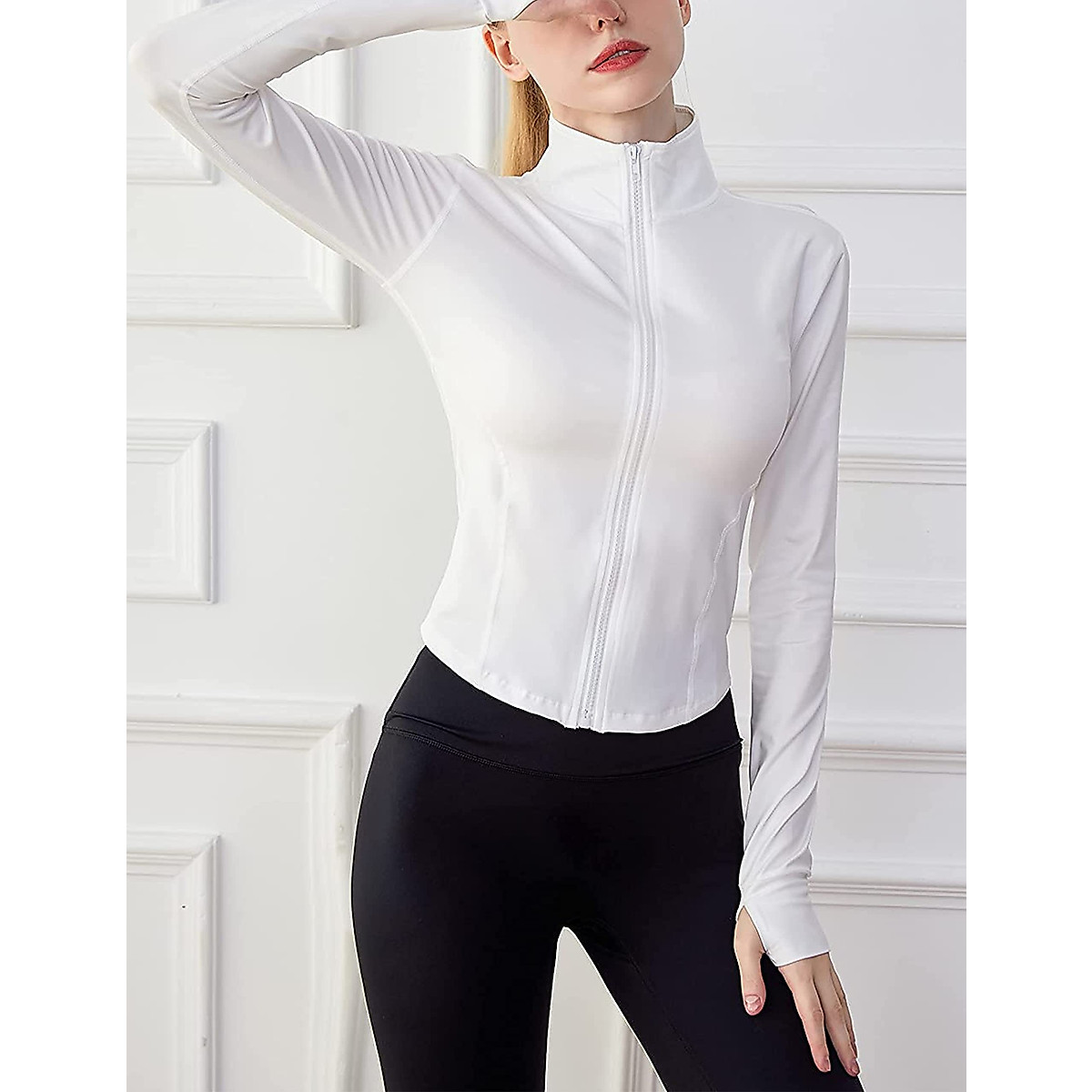 Yeokou Womens Active Zip Up Seamless Sports Running Track Jacket Tops with Thumbhole（White-S）