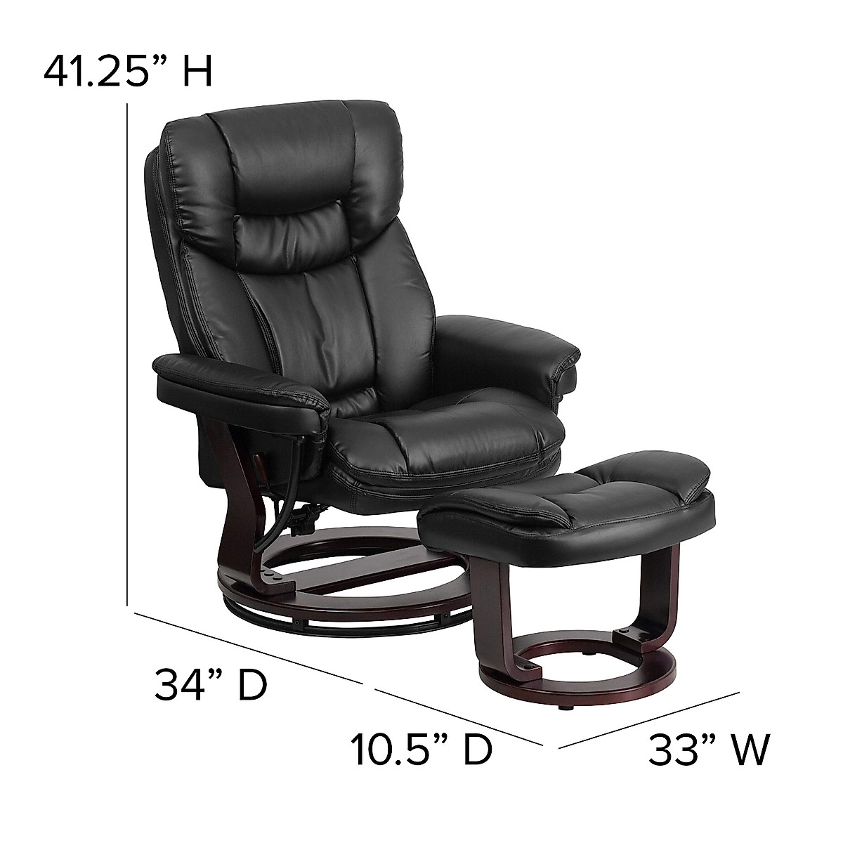 Flash Furniture Allie LeatherSoft Upholstered Recliner with Footrest, Arms, and Headrest, Padded Swivel Recliner Chair and Ottoman Set, Black