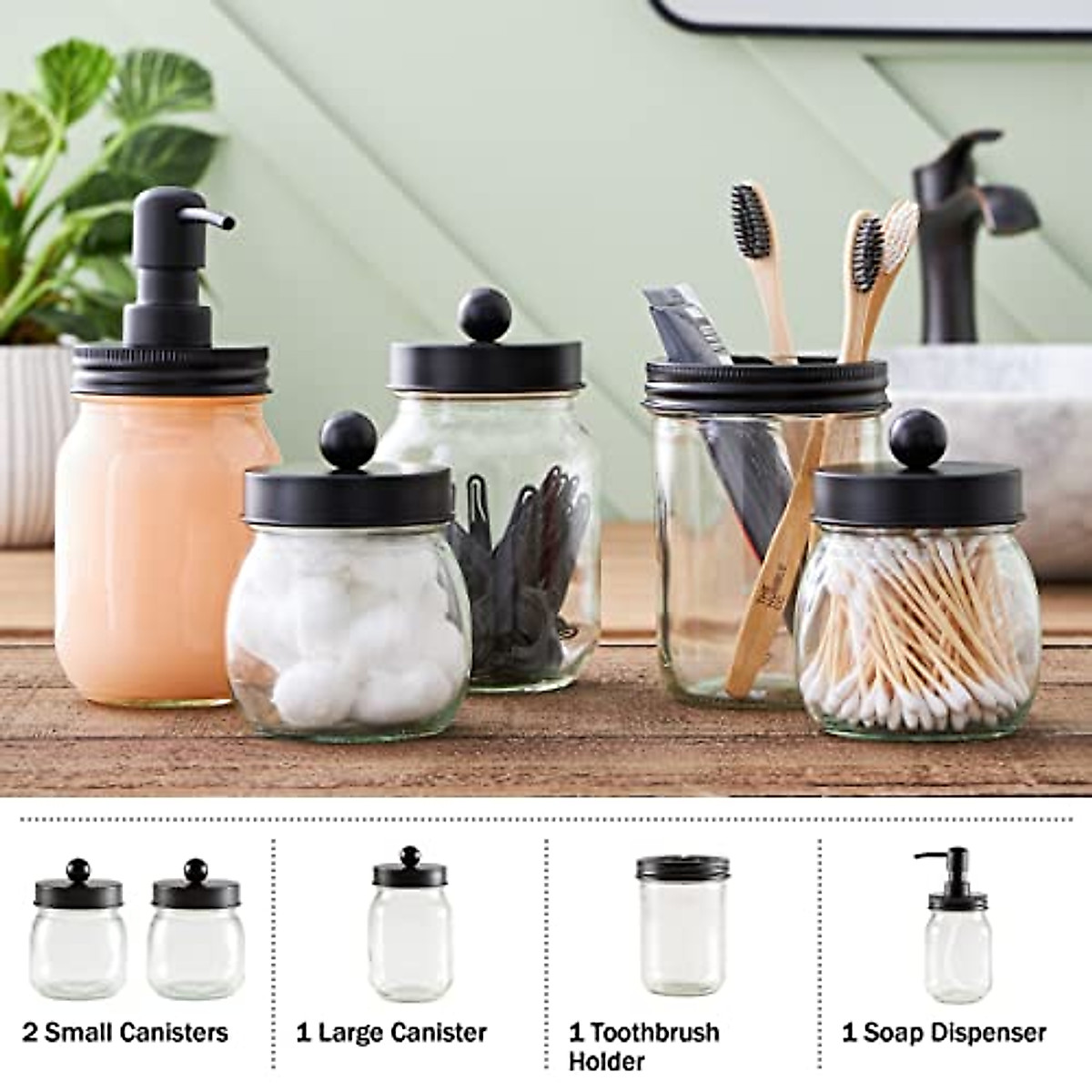 Mason Jar Bathroom Accessories Set – 5-Piece Bathroom Set with Toothbrush Holder, Soap Dispenser, Canister, and 2 Small Jars by Lavish Home (Black)