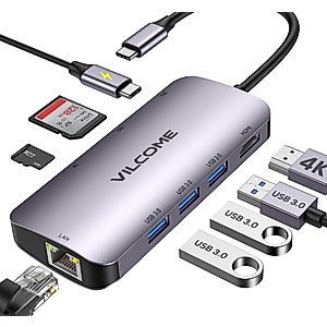 USB C Hub Multiport Adapter, Vilcome 8 in 1 USB C Hub with Gigabit Ethernet, 4K HDMI, 100W PD Charging, USB 3.0 5Gbps Data Ports, SD/TF Card Reader, for MacBook Pro/Air HP Dell Laptop