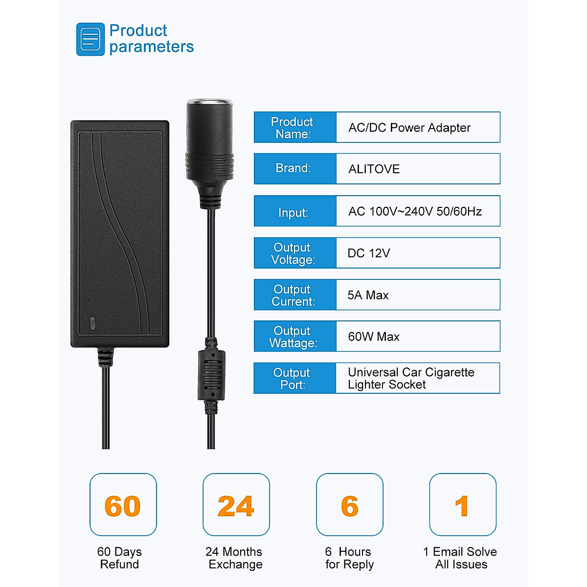 ALITOVE AC to DC Converter 12V 5A 60W 100-240V to 12V Car Cigarette Lighter Socket AC/DC Power Adapter Power Supply for Car Vacuum Cleaner Car Fan Car MP3 Other Car Devices Under 60W