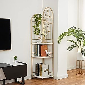 GOLASON Gold Corner Shelf with Storage, 3-Tier Tall Corner Bookshelf, Distinctive Plant Stand Flower Rack, Free Standing Display Shelving Unit for Living Room Kitchen Balcony (Gold and White)
