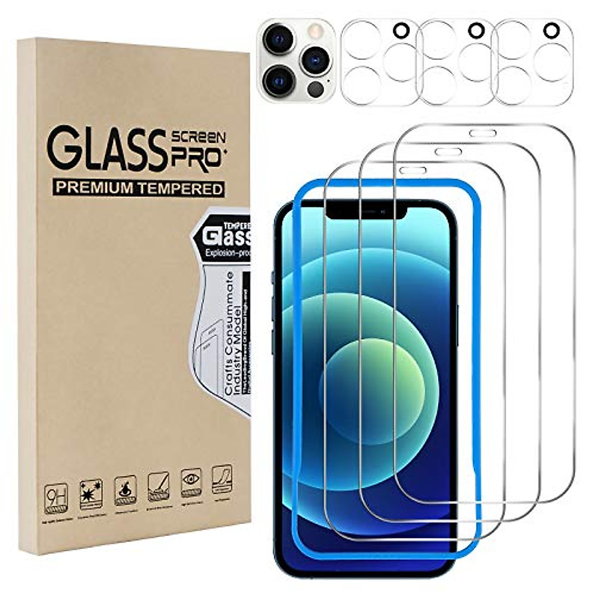 [3+3 Pack] Tempered Glass Screen Protectors and Camera Lens Protector for iPhone 12 Pro Max 6.7 inch, [Anti-Scratch], [9H Hardness], [Anti-Fingerprint], [Easy Install], [Bubble Free], [Ultra-Thin]