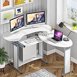 LITTLE TREE L-Shaped Computer Desk, Rotating Corner Desk & Modern Office Study Workstation, for Home Office or Living Room (White)