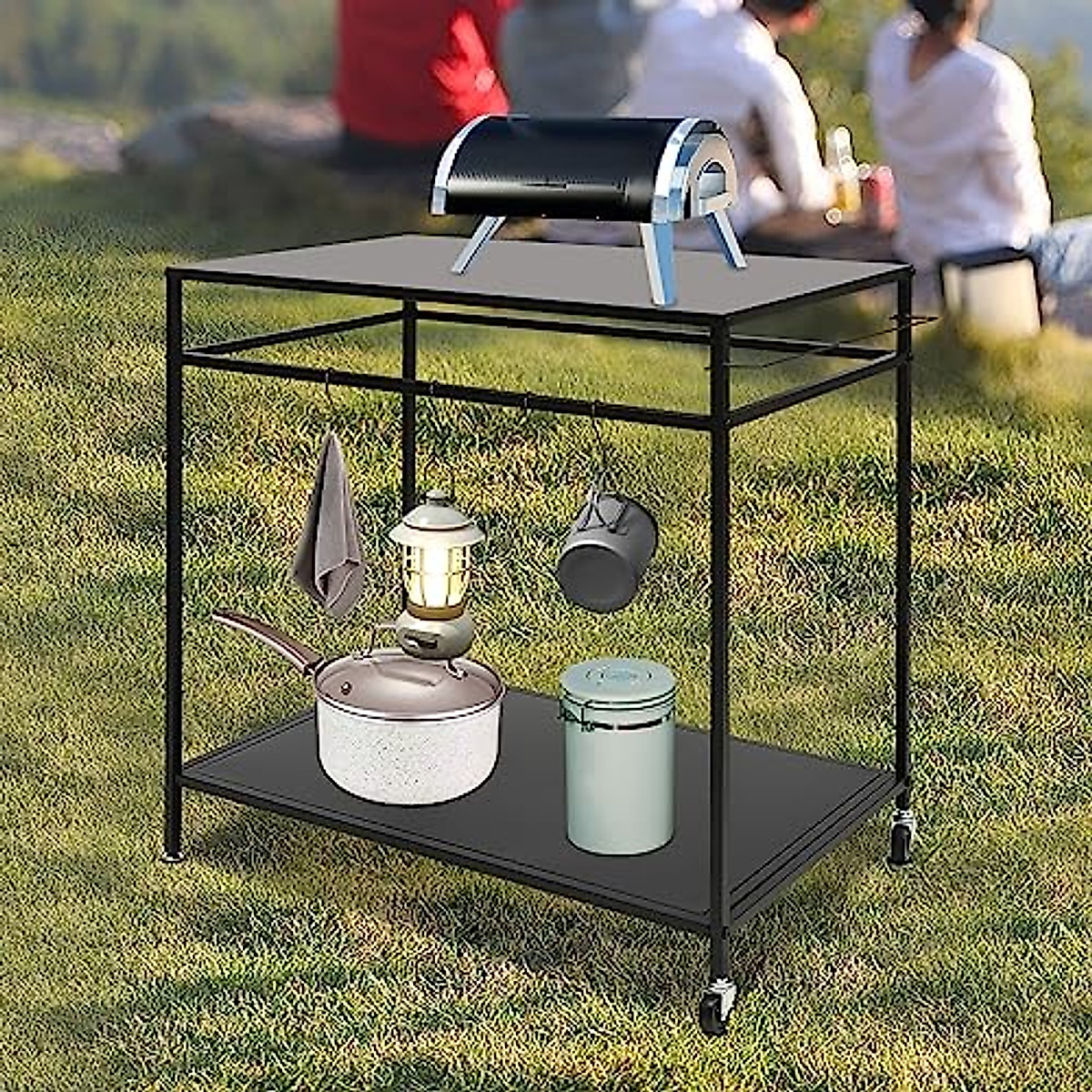 Outdoor Grill Cart,Double Shelf Dining Cart, New Upgraded Stainless Steel Double Shelf Movable Cooking Cart with Side Handle,Flattop Stand Trolley for Kitchen, Outside Backyard Patio (Black)