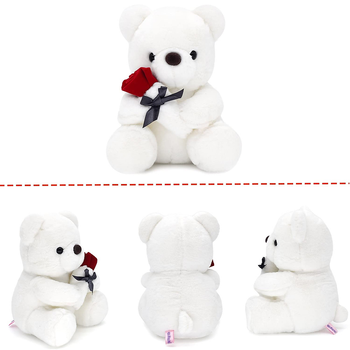 9.8'' Teddy Bear with Rose, Soft Plush Bear Doll Stuffed Animal Toys Valentines Day Decor Gifts for Her/Girlfriend Lover Mom Kids (White)