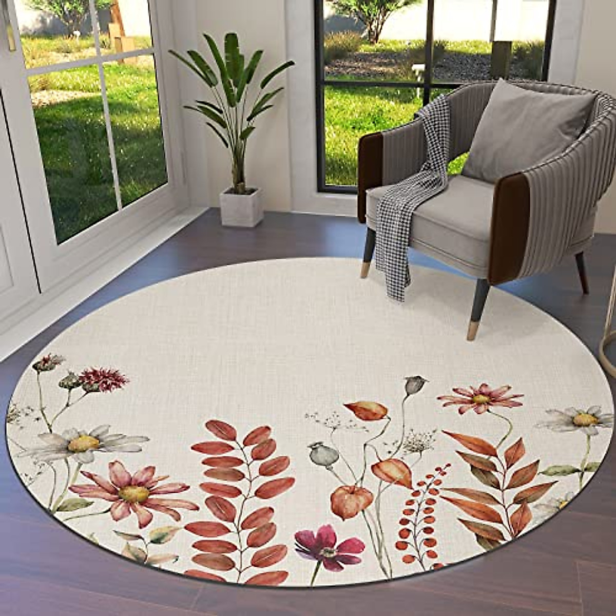 Large Round Area Rug for Living Room Bedroom, 4ft Non-Slip Rugs for Kids Room, Thanksgiving Fall Farmhouse Wild Flowers Retro Linen Washable Carpet Floor Mat for Home Nursery Room Decor