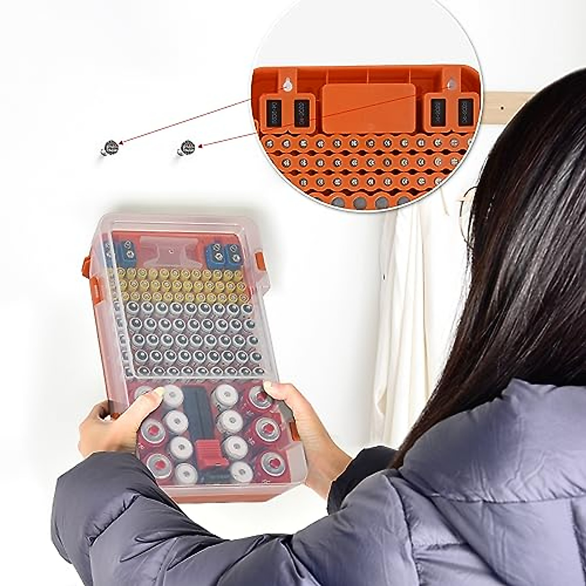 Battery Organizer Storage Case with Tester Checker. Batteries Holder Box Container for 120+ AA AAA 9V C D Lithium CR2025 CR1632 CR2032 Coin Cell Battery with Wall-Mounted Design -Orange