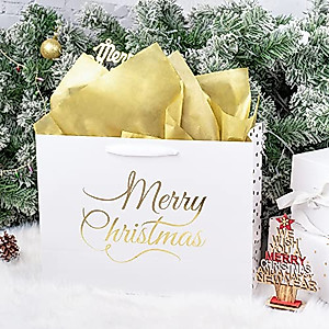 WRAPAHOLIC Christmas Gift Bags - 6 Pack Large Size White Gold Foil Merry Christmas Lettering Bags with 18 Sheets Wrapping Tissue Paper - 16" x 6" x 12"