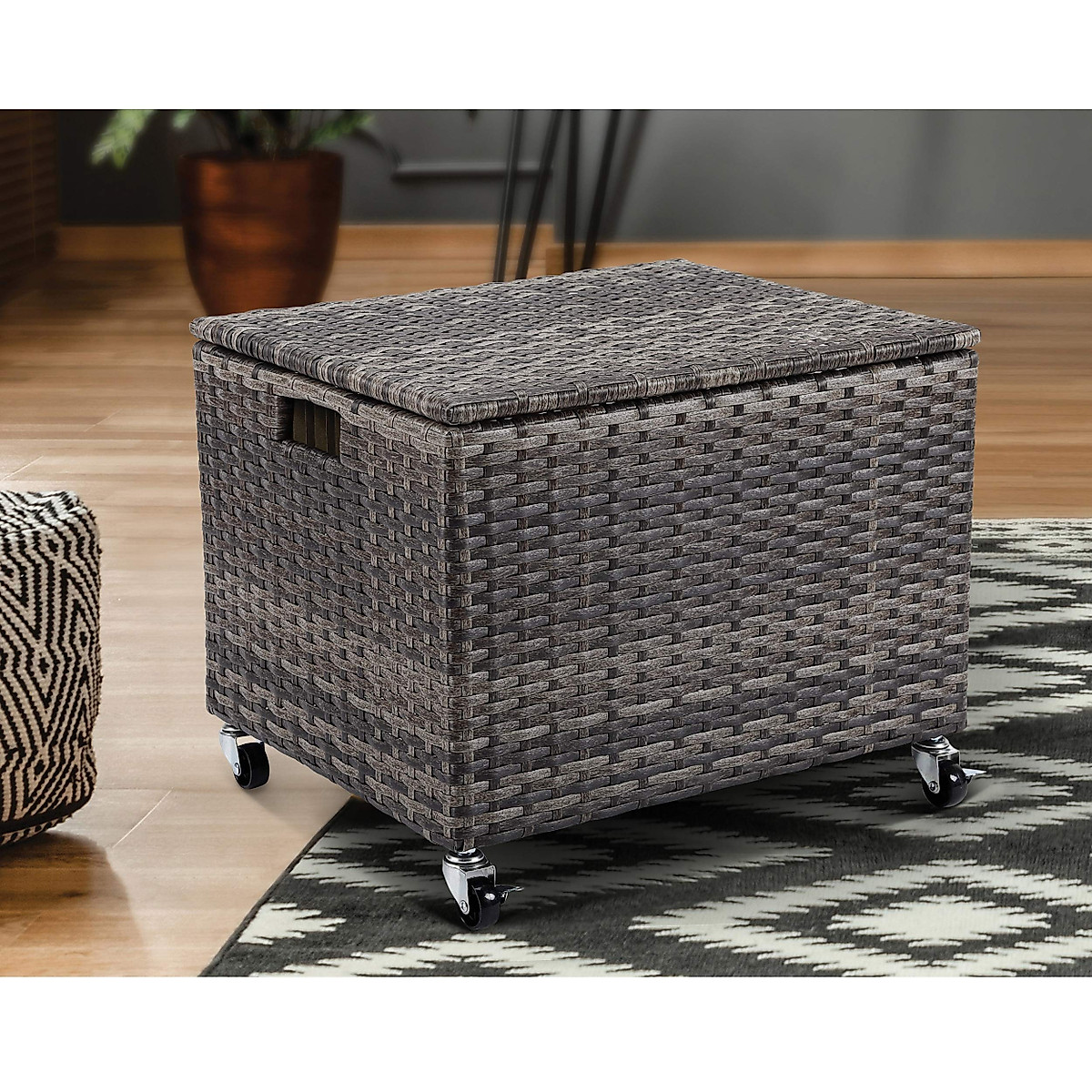 BIRDROCK HOME Rolling File Box - Storage Cabinet with Wheels - Weatherproof Rattan-Style Resin Deck Chest for Garden, Home and Office - Organize Cushions, Toys, and Accessories - Storage Box - Grey