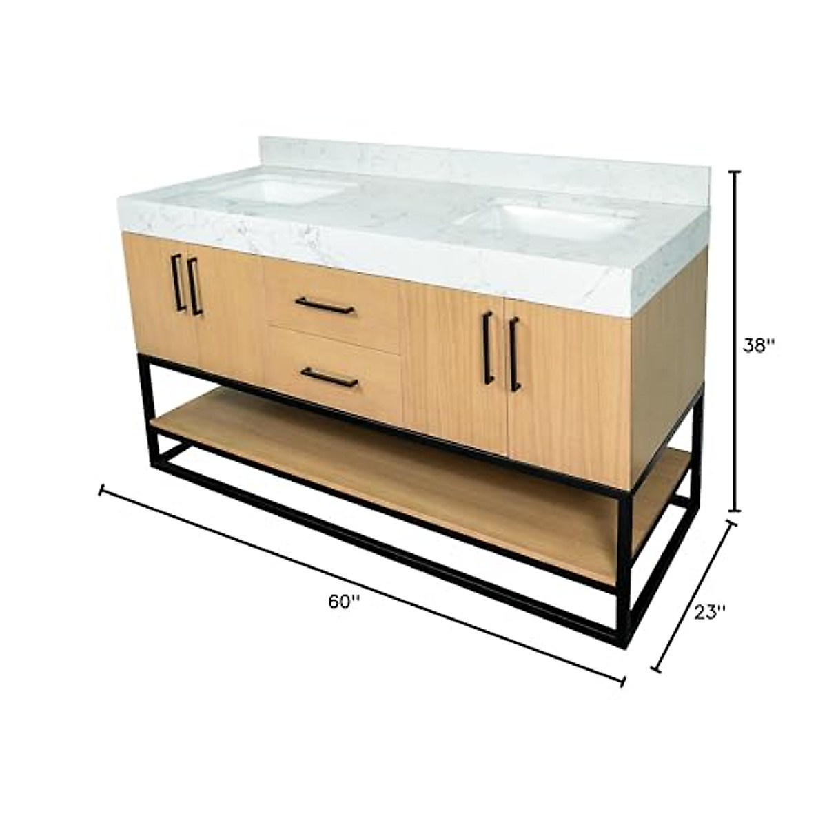 Kitchen Bath Collection Ellis 60-inch Double Bathroom Vanity (Engineered Marble/Blonde): Includes Blonde Cabinet with Engineered Marble Countertop and White Ceramic Sinks