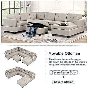 P PURLOVE Sectional Sofa, Large Sectional Sofa with Storage Ottoman, U Shaped Linen Sectional Couch with 2 Throw Pillows for Living Room, Large Space Apartment (Beige)