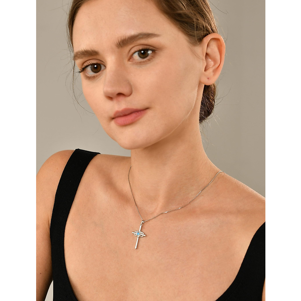 YL Women's Cross Necklace Sterling Silver Infinity Heart Crucifix Pendant Created Aquamarine Criss Jewelry