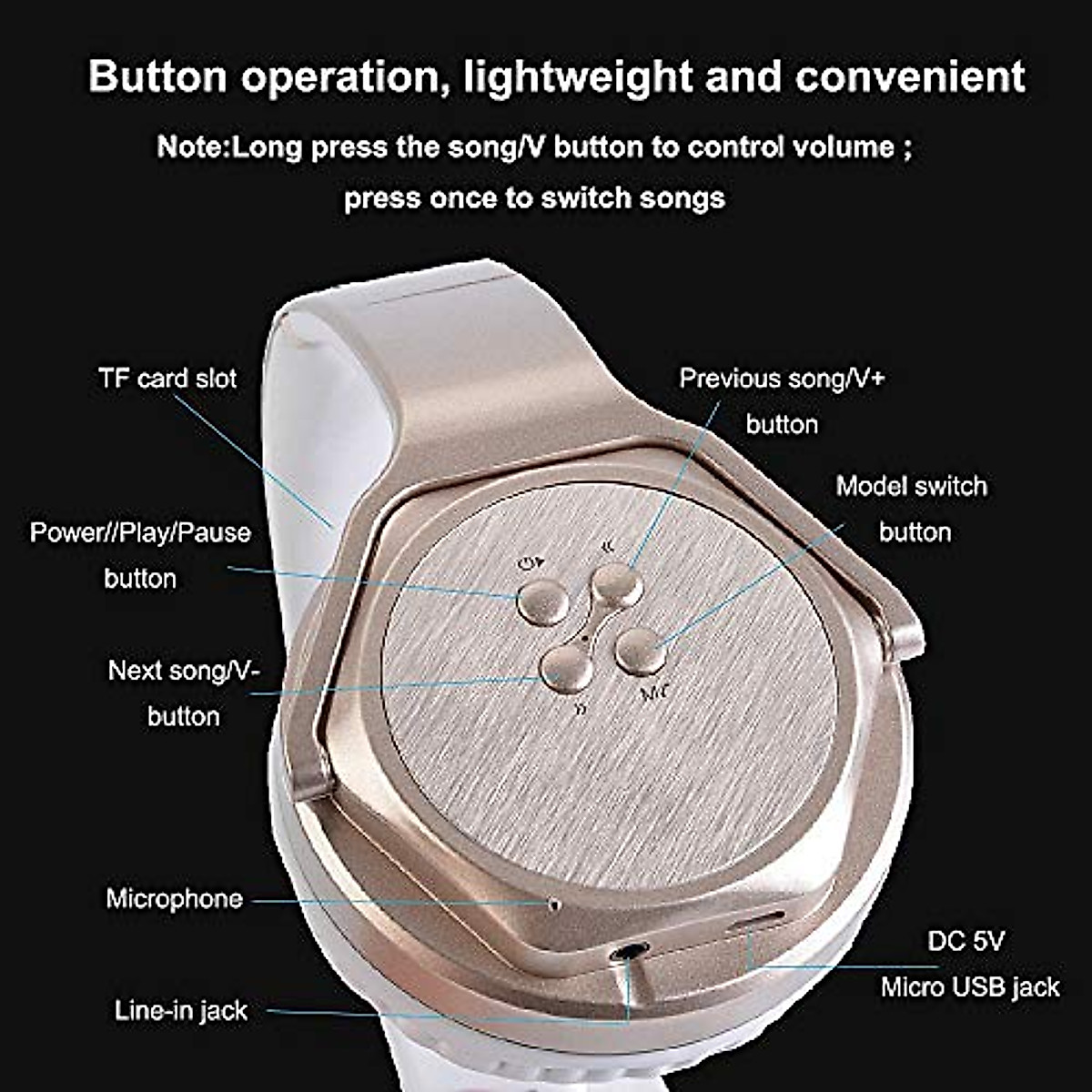 Mobi7e Bluetooth Headphones Over-Ear 2 in 1 Cordless Foldable Twist-Out Speaker Wireless Stereo Bass Headphone with NFC FM Radio/AUX/TF Card Slot Sports Retractable Headband Headset (Gold)