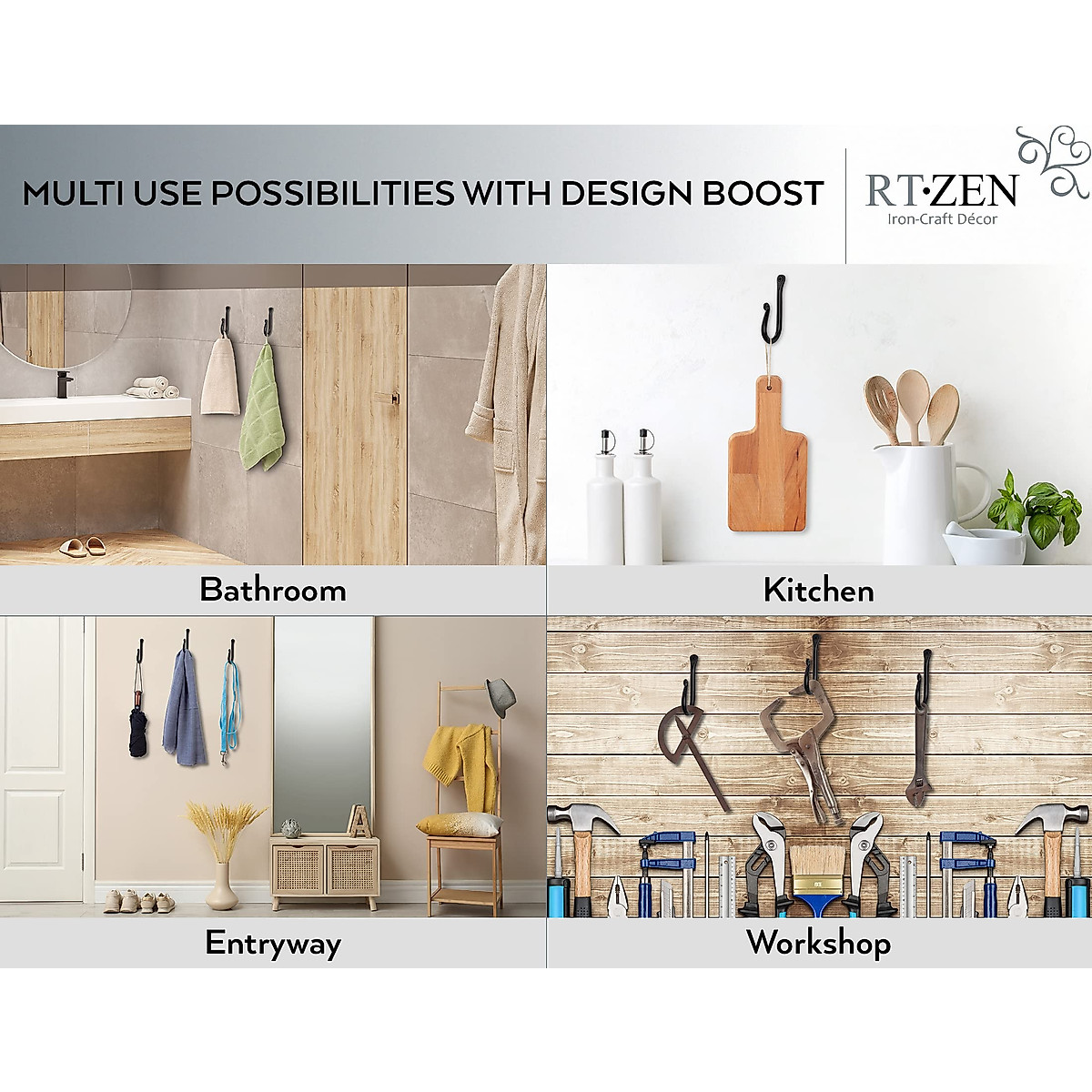 RTZEN Wall Mount J Hook - Wrought Iron Decorative Wall Hooks for Hanging Things - Handcrafted Classic Wall Mounted Black Coat Hooks - Farmhouse Towel Hooks Robe Hooks or Hat Hooks - 3 Pack