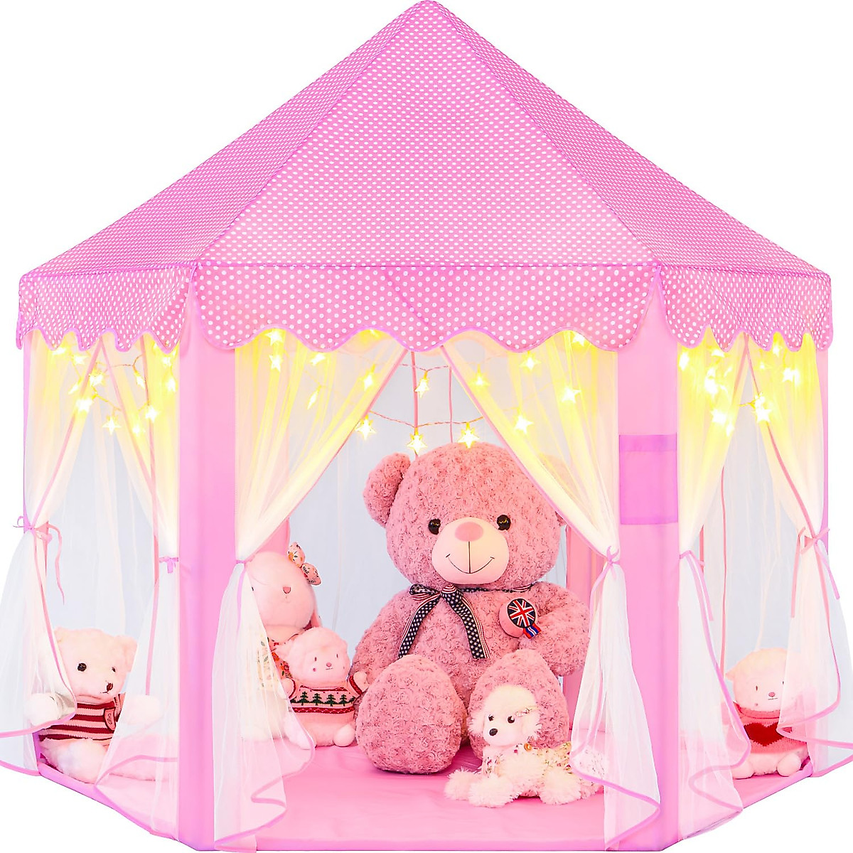 EVOIONOS Princess Tent for Girls, Kids Play Tent with LED Star Lights, Castle Playhouse for Children Indoor Outdoor Games, 55X53 inches, Pink