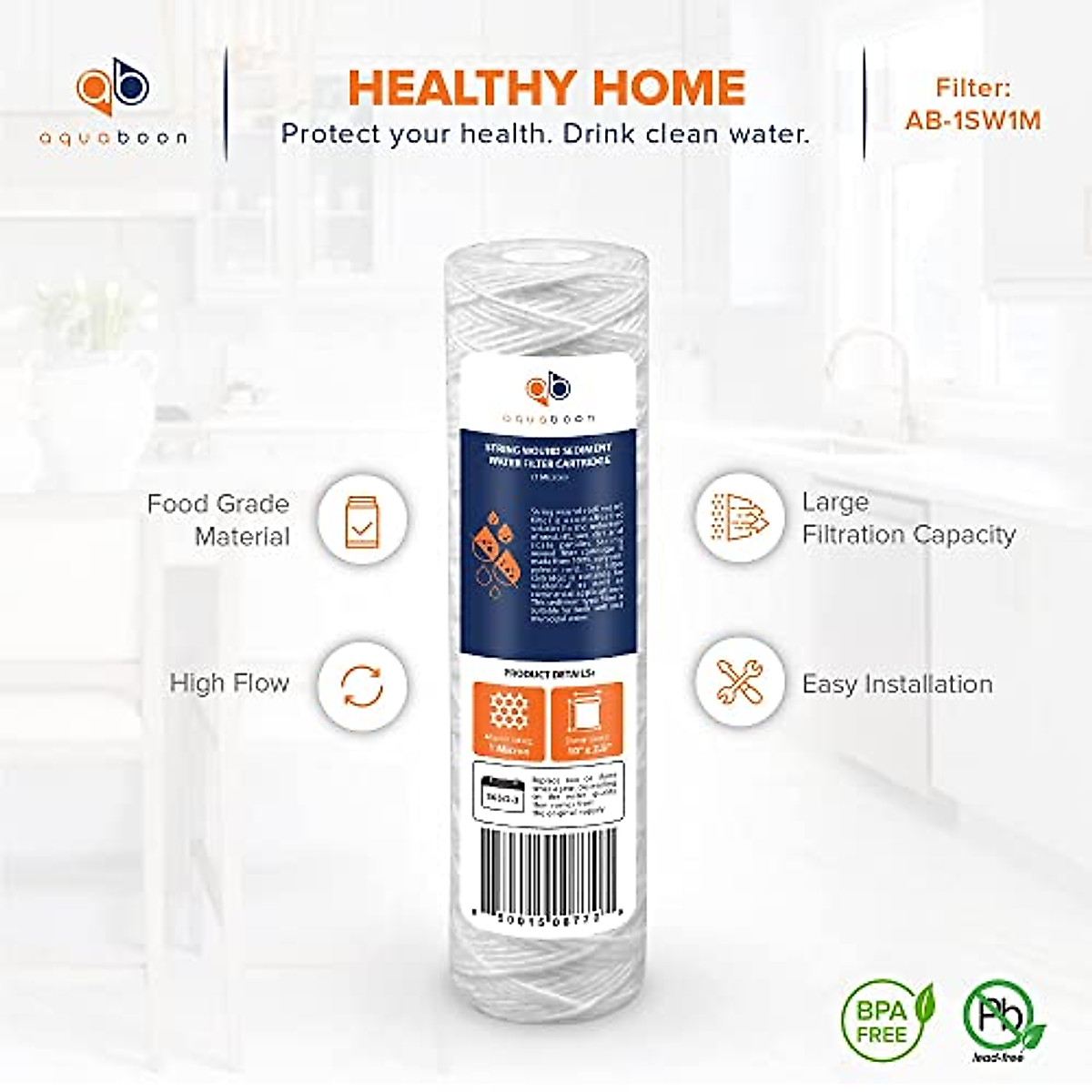 Aquaboon 1 Micron 10" x 2.5" String Wound Sediment Water Filter Cartridge | Universal Replacement for Any 10 inch RO Unit | Compatible with WFPFC4002, CW-F, PFC4002, 2-Pack