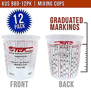 Custom Shop - Pack of 12-64 Ounce Graduated Paint Mixing Cups (2 Quarts) - Cups Have Calibrated Mixing Ratios on Side of Cup - Cups Hold 80-Fluid Ounces