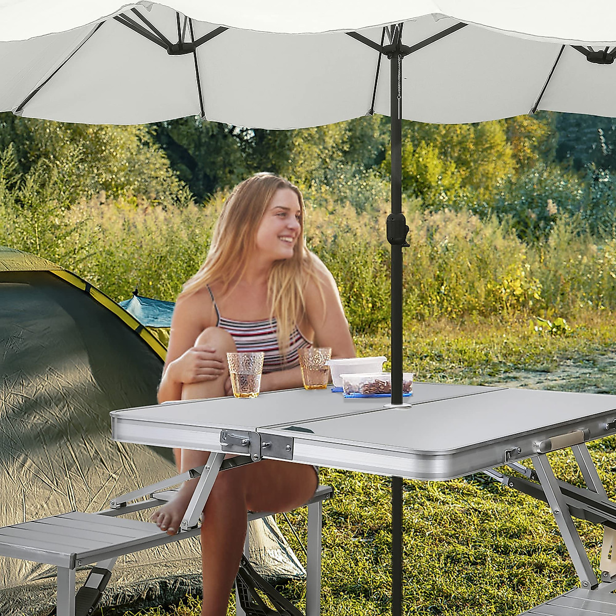 Koreyosh Folding Camping Table Chair Set, Aluminum Suitcase Portable Camping Picnic Table with 4 Seats,Umbrella Hole for Party, BBQ, Beach(Silver)