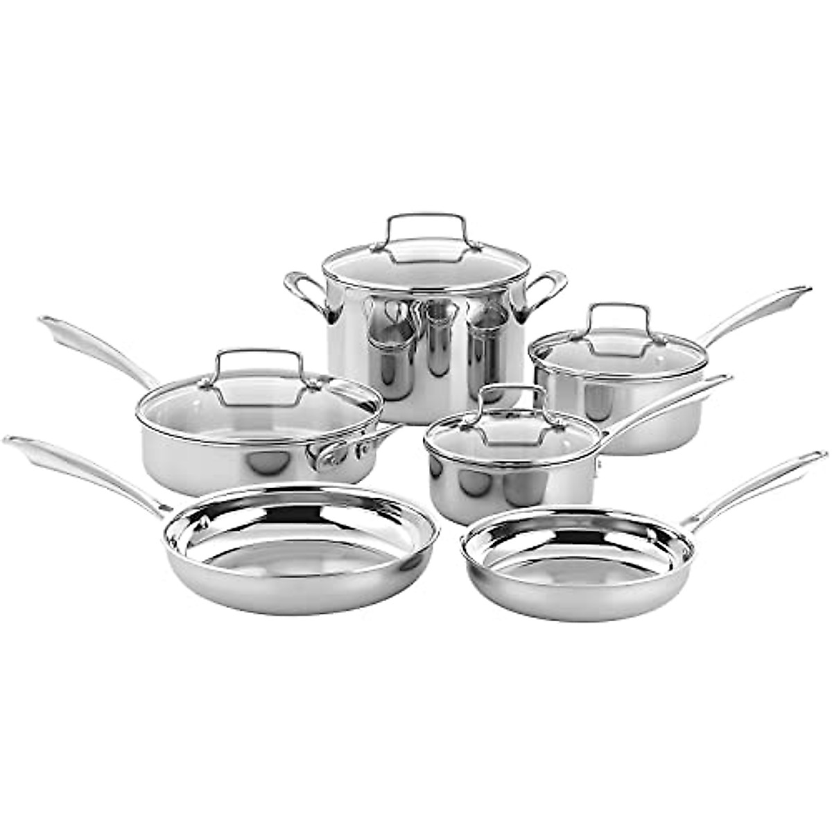 Cuisinart Classic Pots & Pans Set, 10 pcs Cookware Set with Saucepans, Saute pans, & Skillets- Tapered Rims for Drip Free Pouring & Cool Grip Handles, Stainless Steel, TPS-10