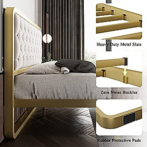 Feonase Full Size Platform Bed Frame with Heavy-Duty Steel Slats, Velvet Upholstered Headboard, 12" Storage Space, No Box Spring Required, Noise Free, Easy Assembly, Golden and Beige