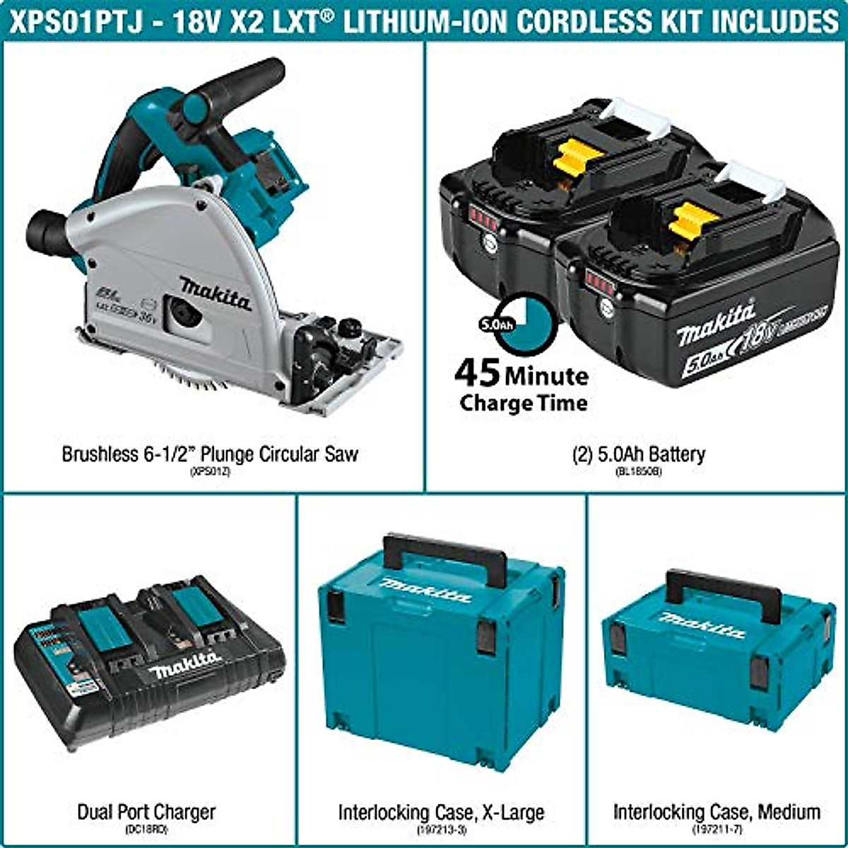 Makita XPS01PTJ 18-Volt X2 LXT Lithium-Ion (36V) Brushless Cordless 6-1/2 inch Plunge Circular Saw Kit (5.0Ah) with 199140-0 39 inch Guide Rail(Sold separately)