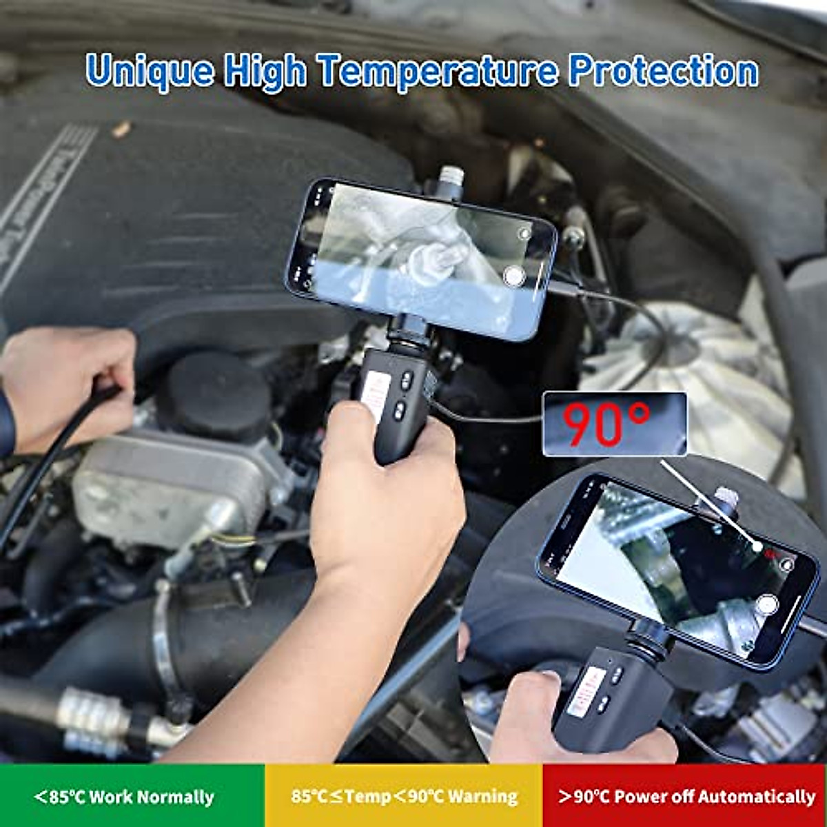 Articulating Borescope with 8 Adjustable LED Light, Ralcam 8.5mm/0.33inch Borescope Inspection Camera with Two-Way Articulated Head,HD 1080P Endoscope Automotive Scope for Smartphone&iPhone