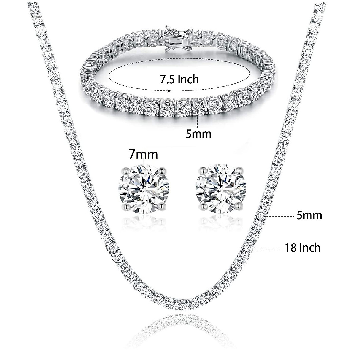Gemsme 18K White Gold Plated 5mm Tennis Necklace/Bracelet/Earrings Sets Pack of 3