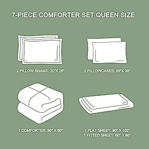 EMME Botanical Floral Comforter Set with Sheets Queen Size 7 Pieces，Brushed Microfiber Bed in a Bag, Ultra Soft and Comfortable Bedding Set for Girls (White Floral, 7-Piece Full/Queen)