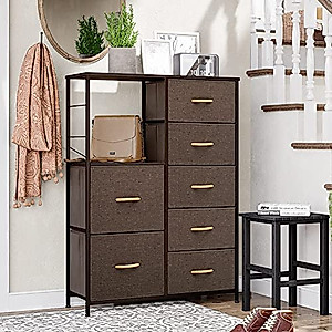Crestlive Products Vertical Dresser Storage Tower with Shelves, 7 Drawers Closet Organizer, Night Stand, Fabric Bins, Versatile Cabinet Dresser for Bedroom, Living Room, Hallway (Brown)