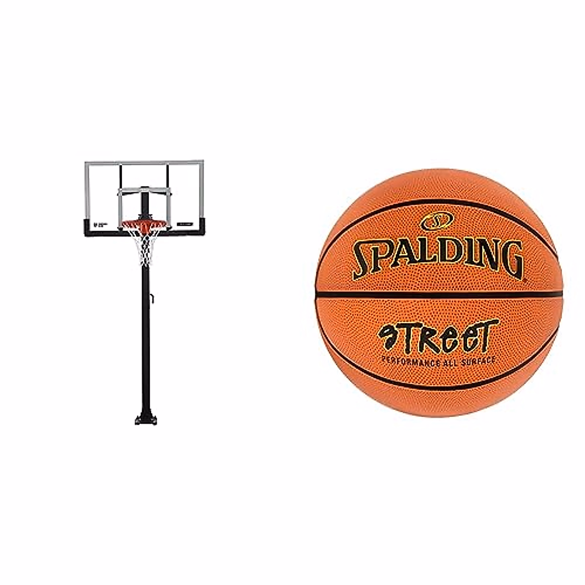 Lifetime Crank Adjust In Ground Basketball Tempered Glass Backboard, 54", Clear and Spalding Street Outdoor Basketball 29.5"